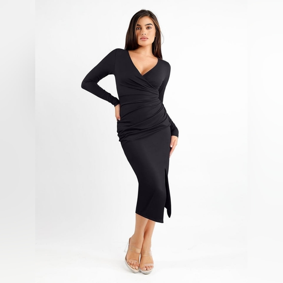 Popilush | Dresses | Popilush Ruched Long Sleeve Split Midi Dress ...